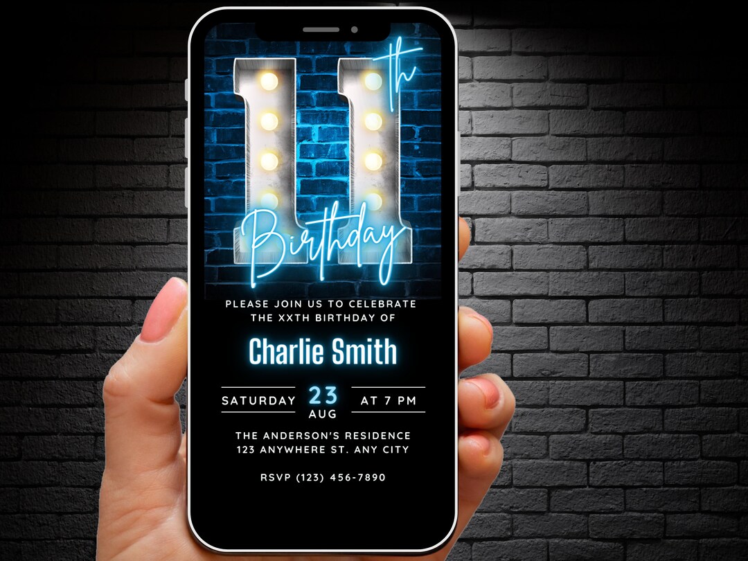 Boys 11th Birthday Invitation Digital Template, Editable Neon Blue 11 ...