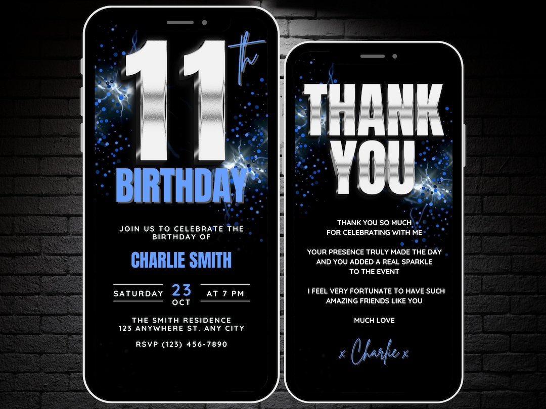 Boys 11th Birthday Invitation, Animated Silver Blue 11 Birthday Party ...