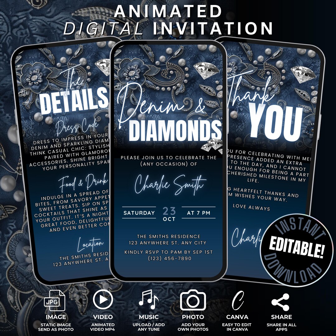 Digital Denim & Diamonds Party Invitation Itinerary Template and Thank ...