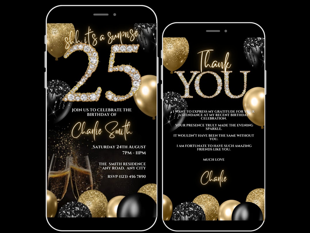 Animated 25th Birthday Invitation for Women, 25th Surprise Party ...