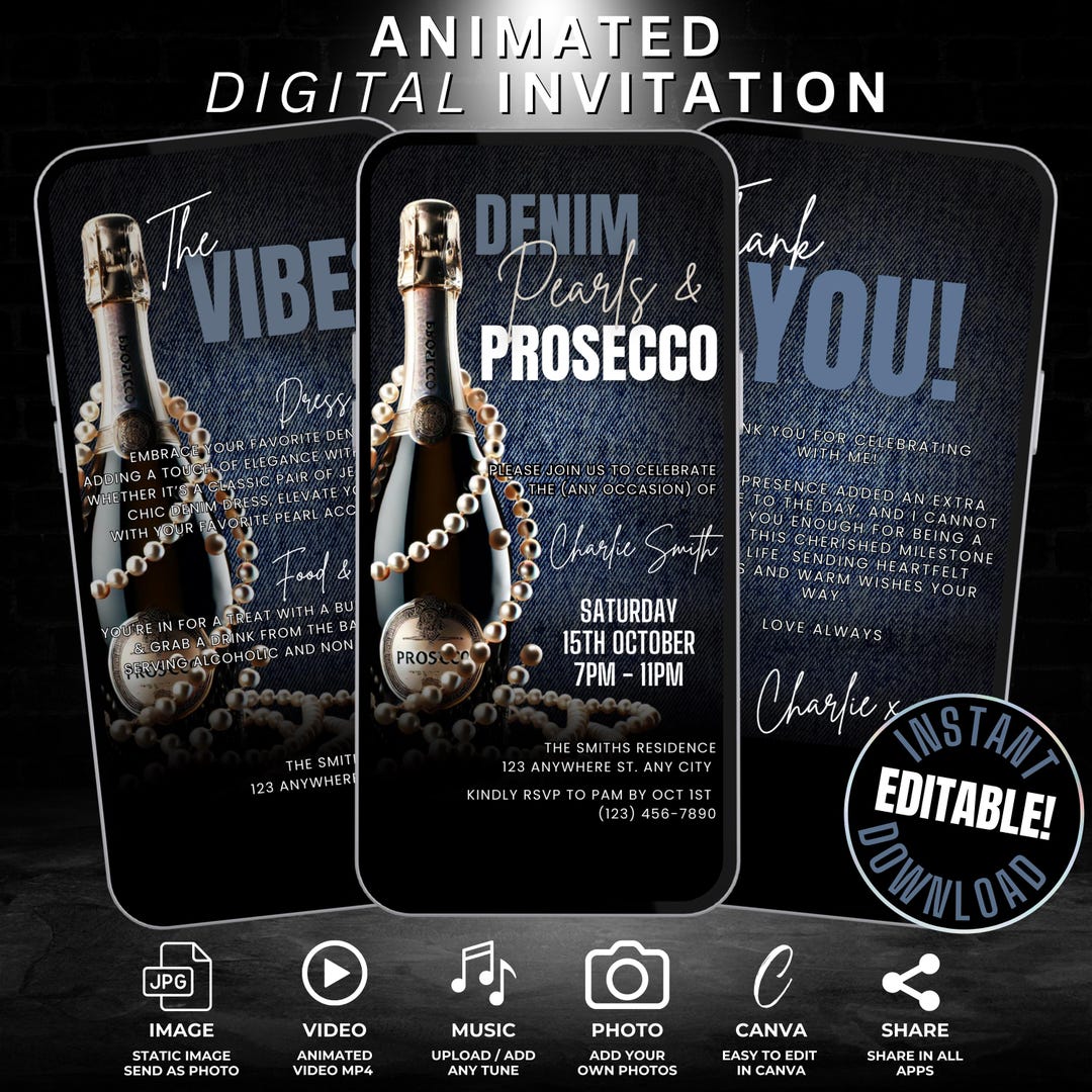 Digital Denim Pearls & Prosecco Invitation Itinerary Template and Thank ...