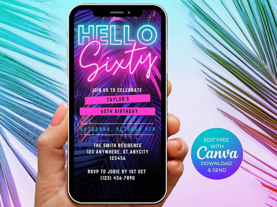 Digital Hello 60 60th Birthday Invitation Template, Tropical Themed ...