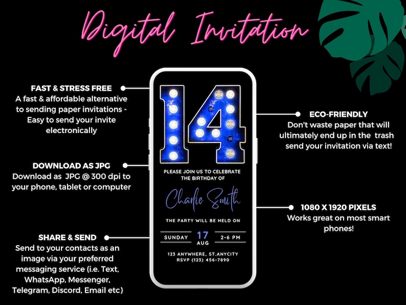Text Invite 14th Birthday Invitation for Boys, 14 Year Old Birthday ...