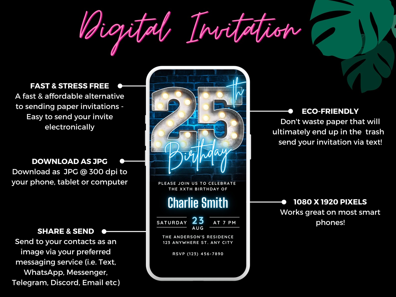 Editable 25th Birthday Invitation for Men Digital Template, Adult ...