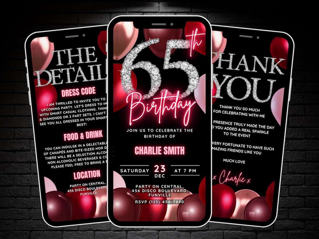Womens 65th Birthday Invitation Template, Editable Animated Red & Pink ...