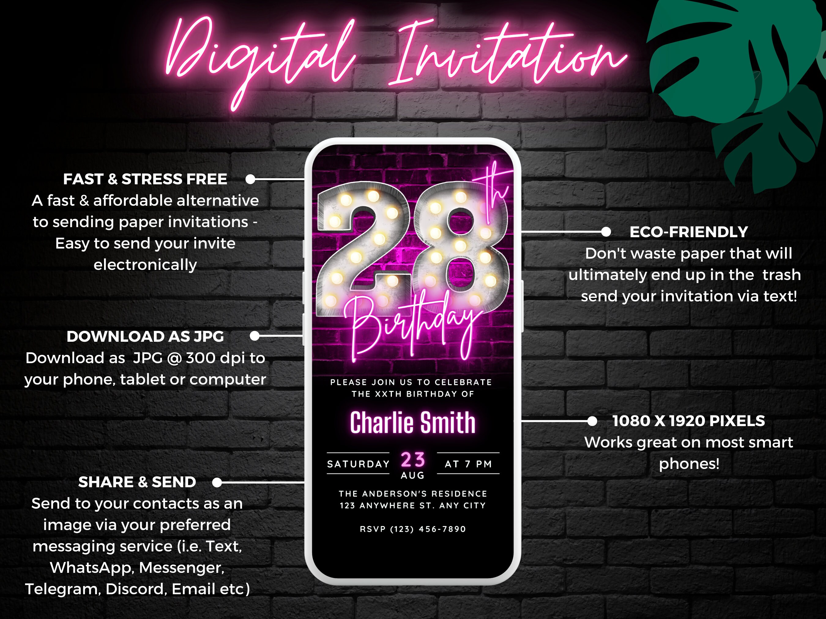 Editable 28th Birthday Invitation for Women Digital Template - Etsy