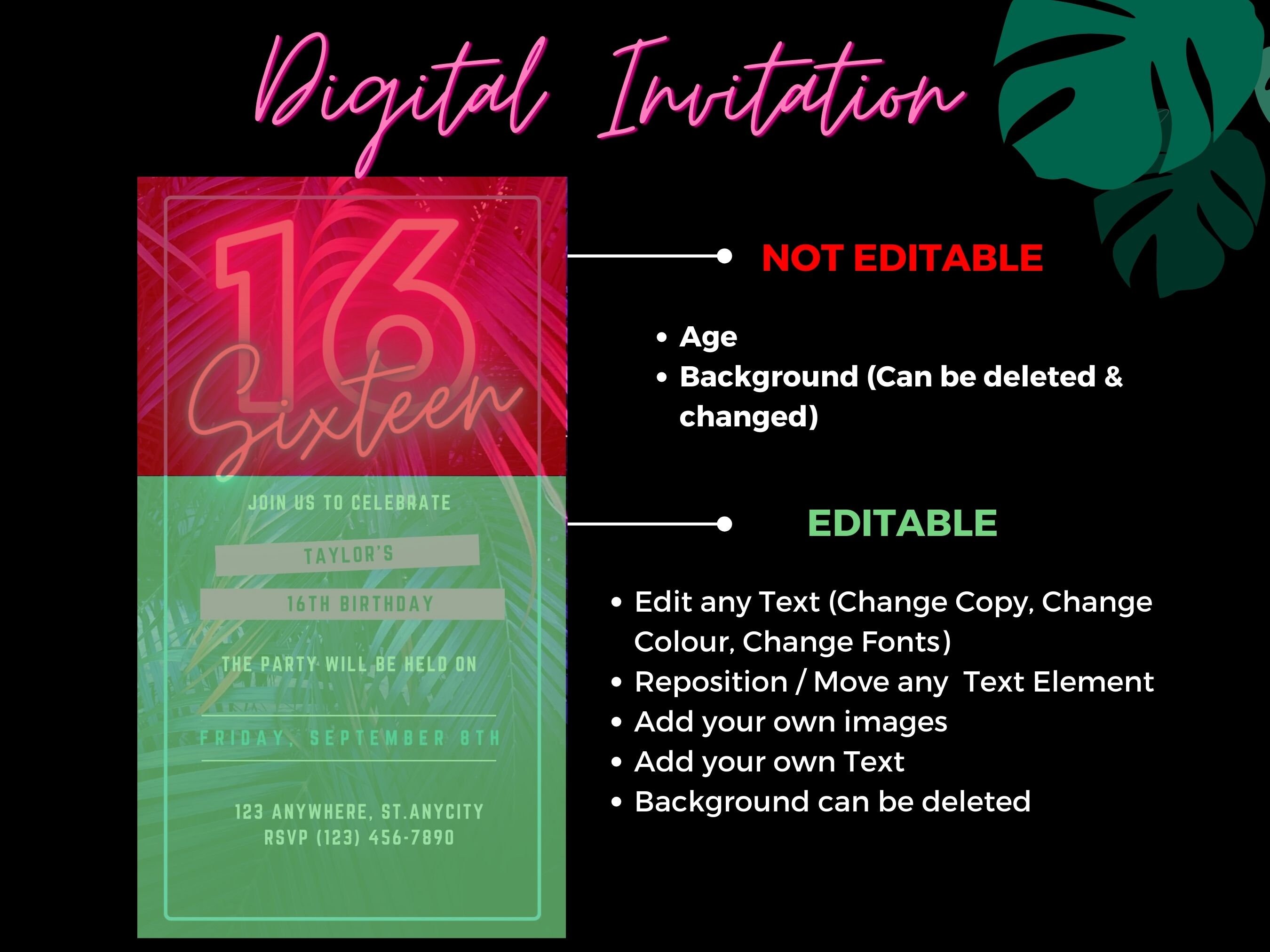 Digital Tropical Sixteen 16th Birthday Party Invitations, Personalised ...