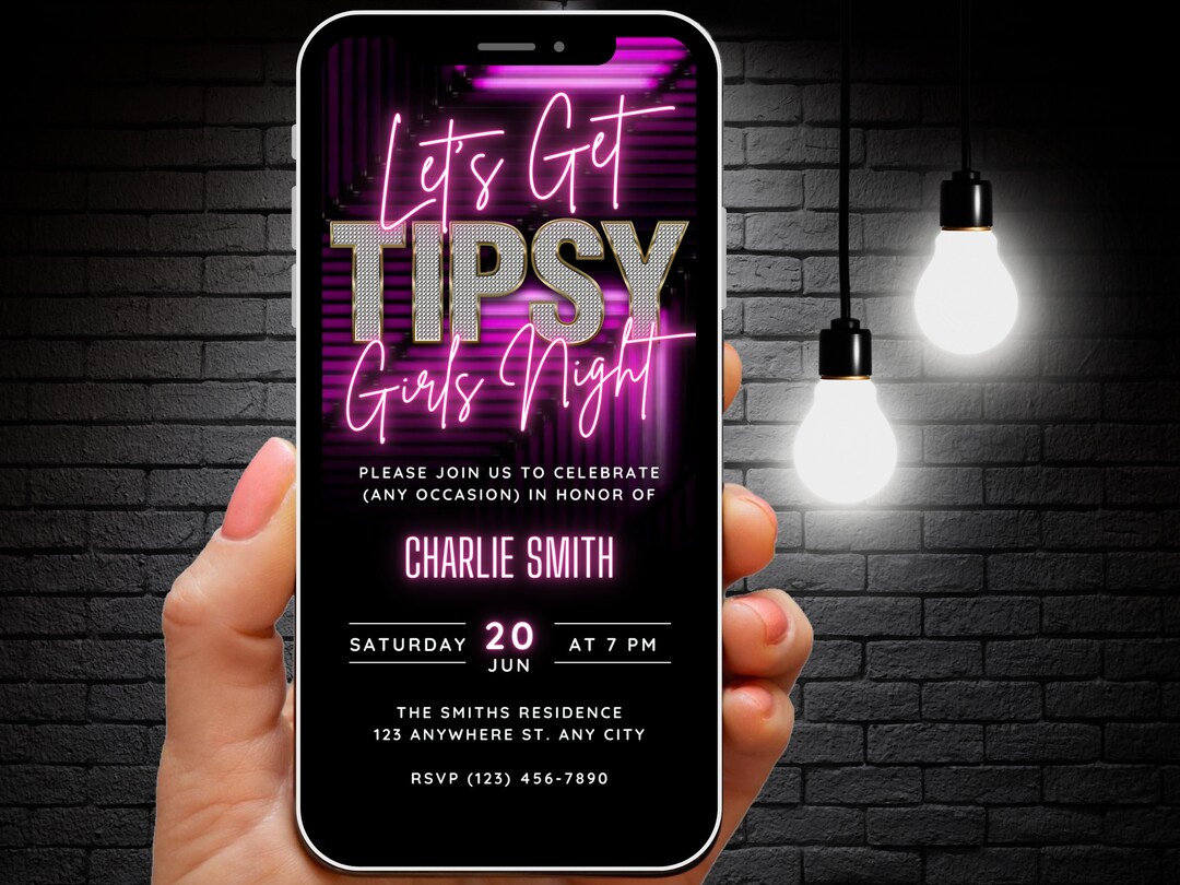 Digital Lets Get Tipsy Girls Night Out Invitation, Editable Neon Pink ...