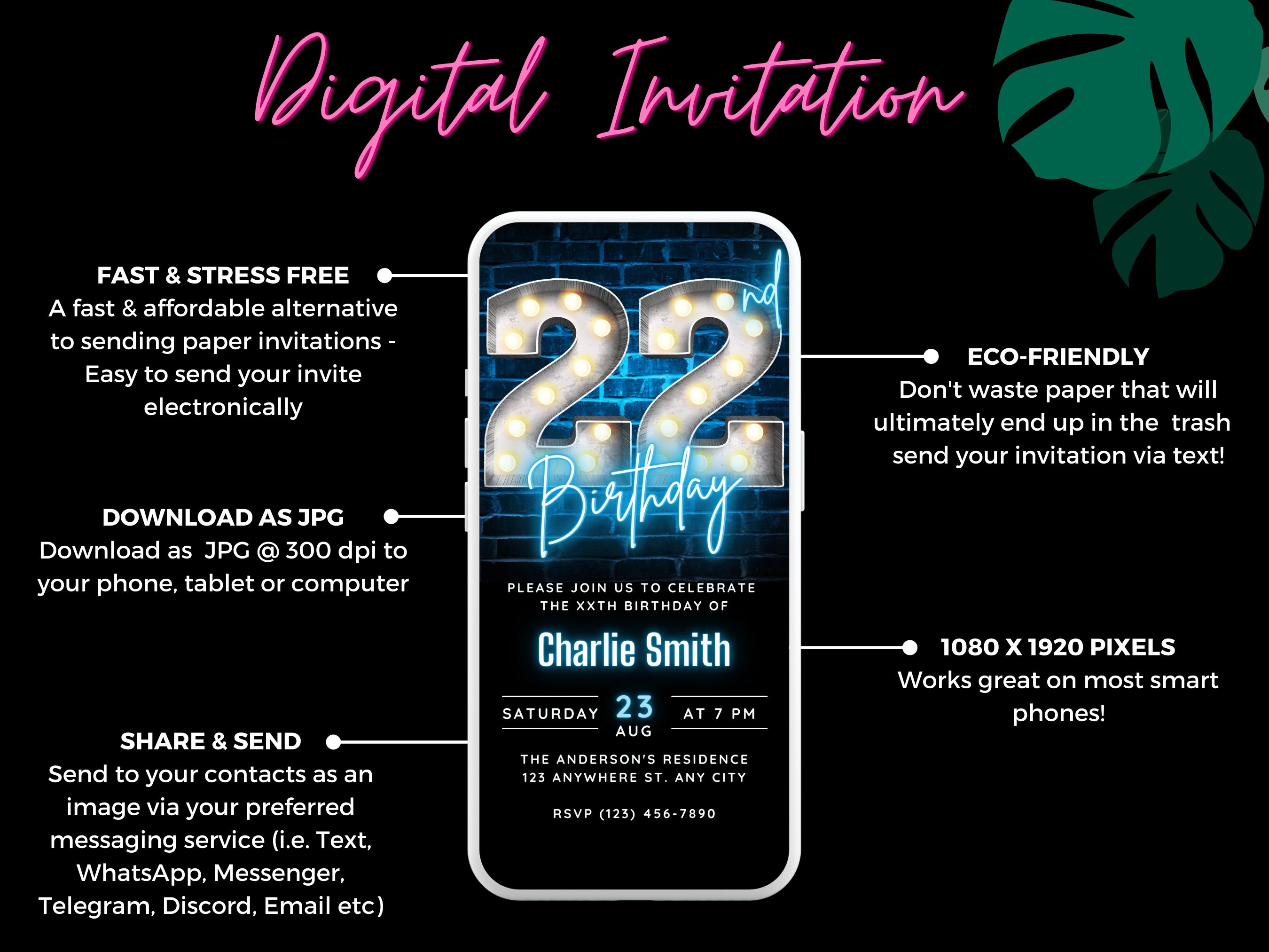 22nd Birthday Invitation Template Download for Men 22nd - Etsy