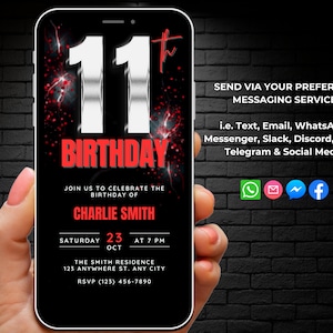 Boys 11th Birthday Invitation Silver Red Black 11 Year Old Birthday ...