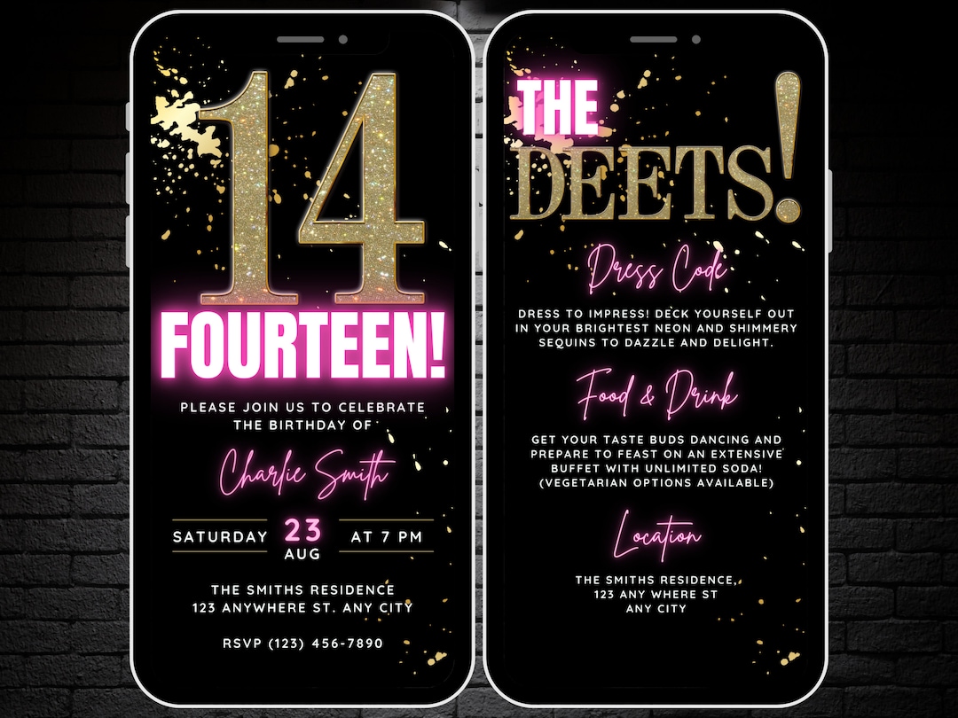 Animated Girls 14th Birthday Party Invitation, Digital 14 Birthday ...