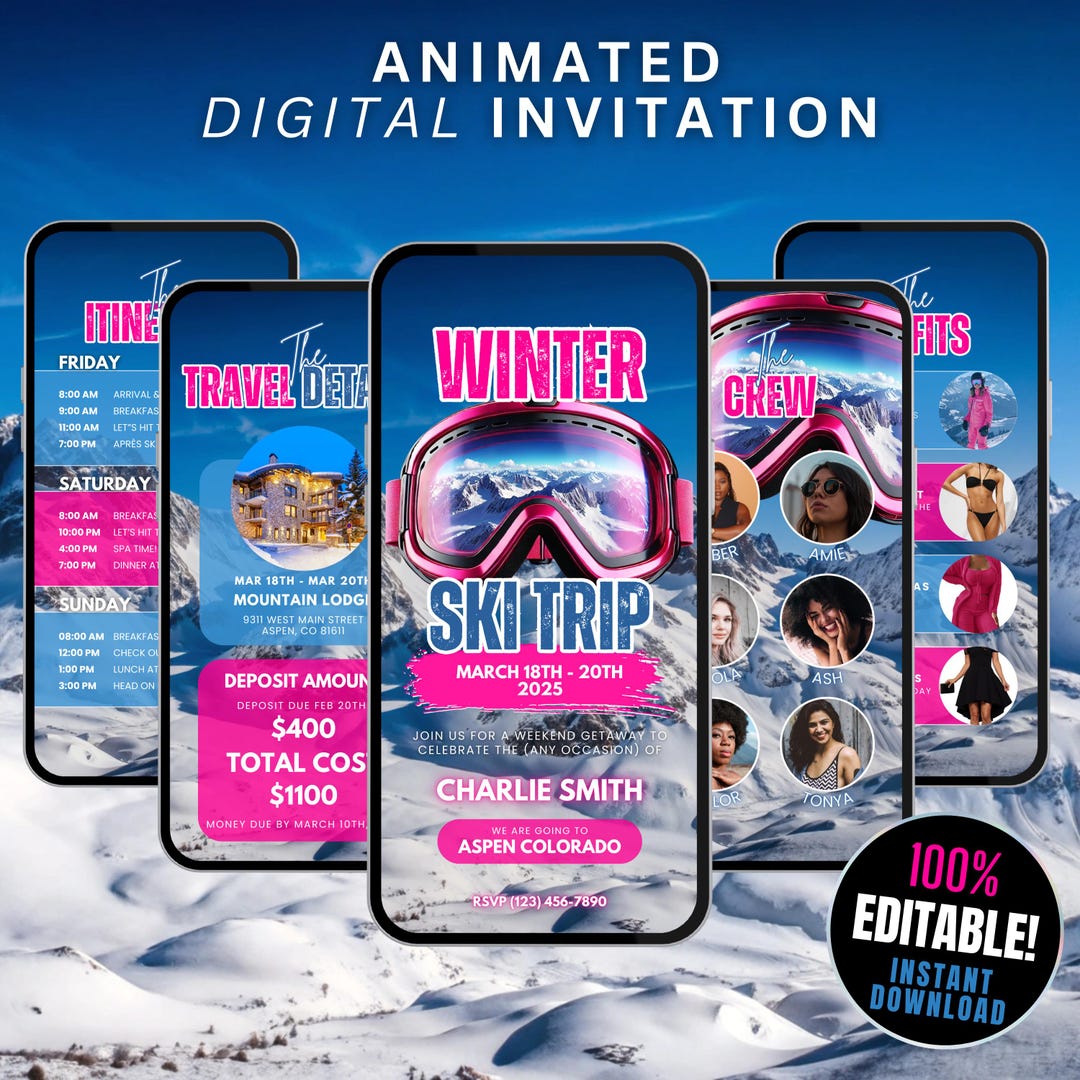 Digital Ski Trip Invitation Travel Itinerary Template, Birthday Weekend ...