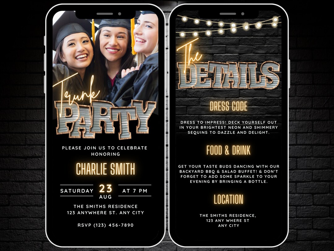 Digital Graduation Trunk Party Invite, Animated Gold College Send off ...