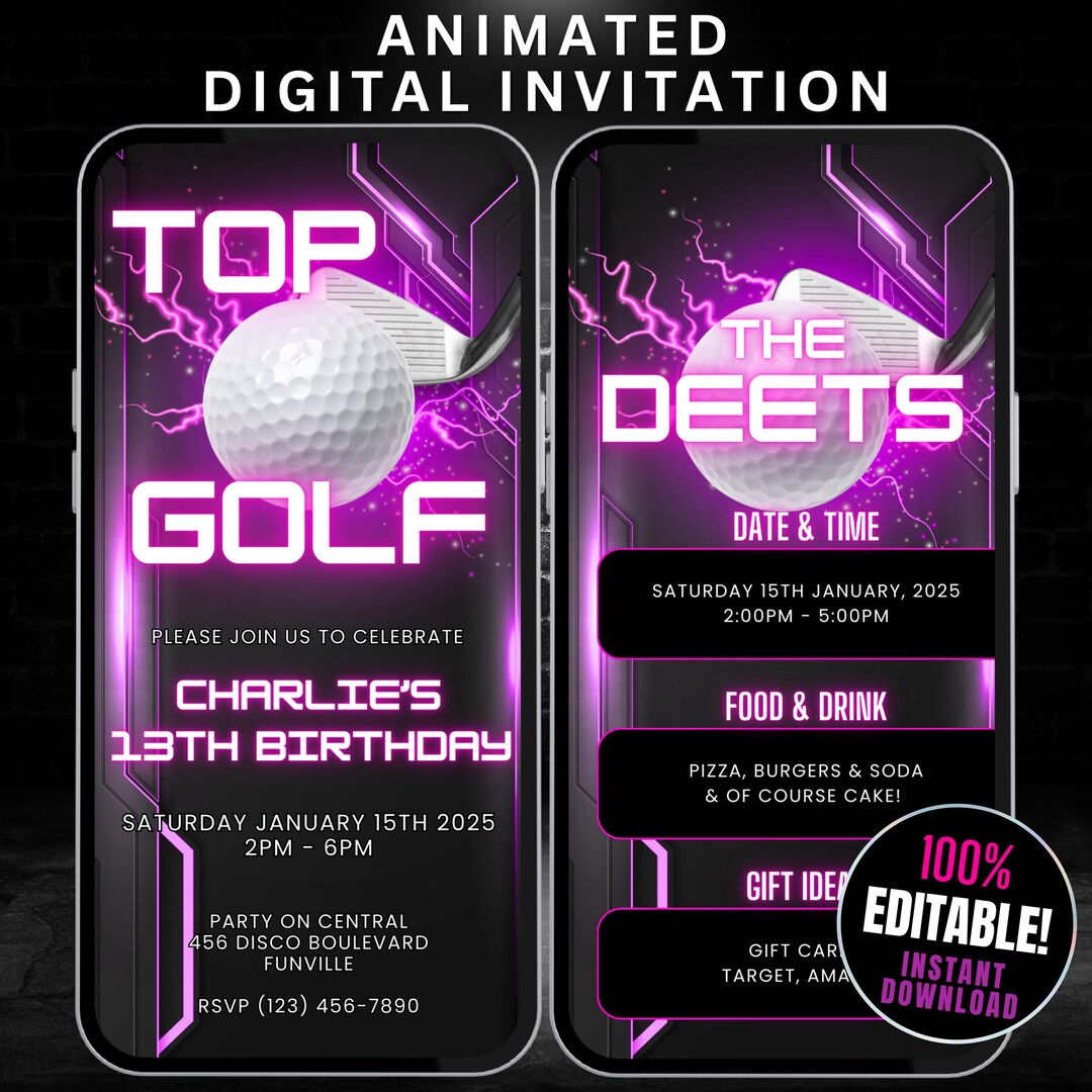 Digital Girls Top Golf Birthday Invitation, Editable Pink Golf Party ...