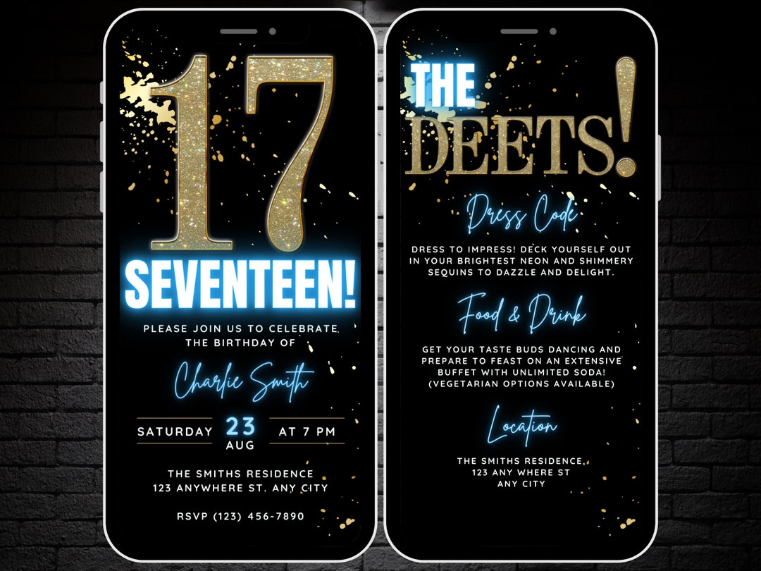 Animated Girls Cool 17th Birthday Party Invitation, Digital Fun 17 ...