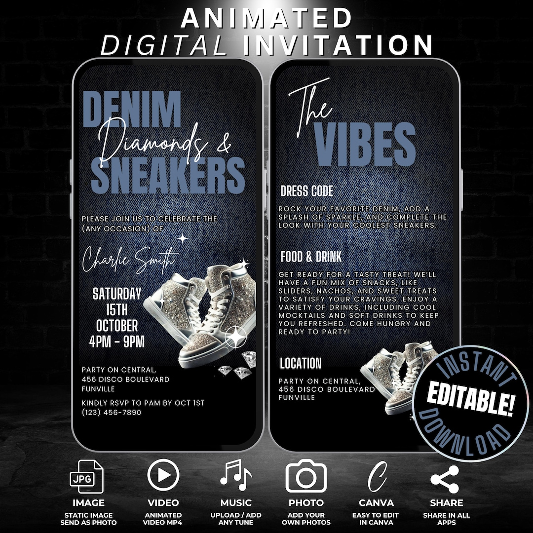 Digital Denim Diamonds & Sneakers Party Invite Itinerary Template, Self ...