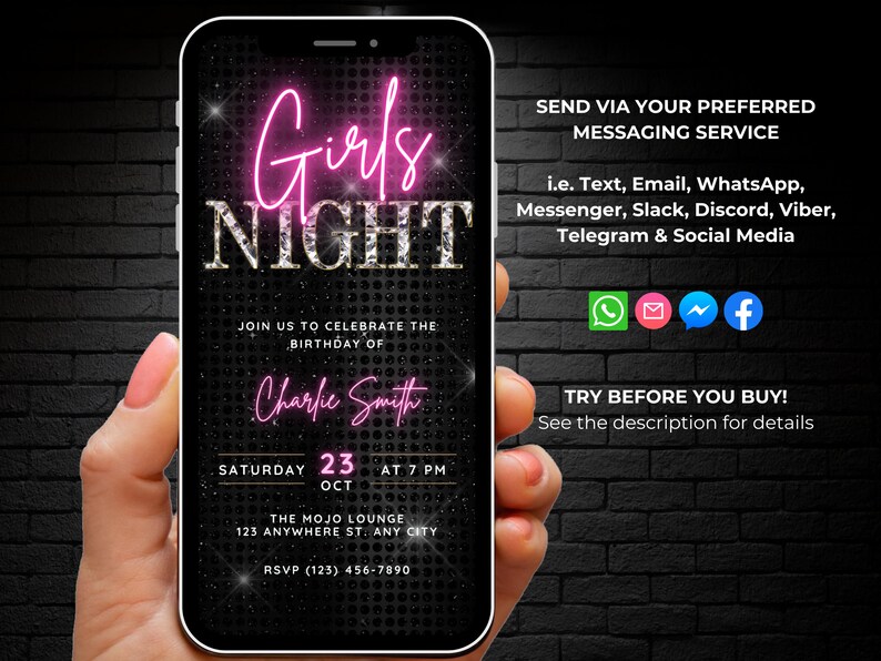 Glam Girls Night Out Digital Invitation, Fun Birthday Invite Neon Pink ...