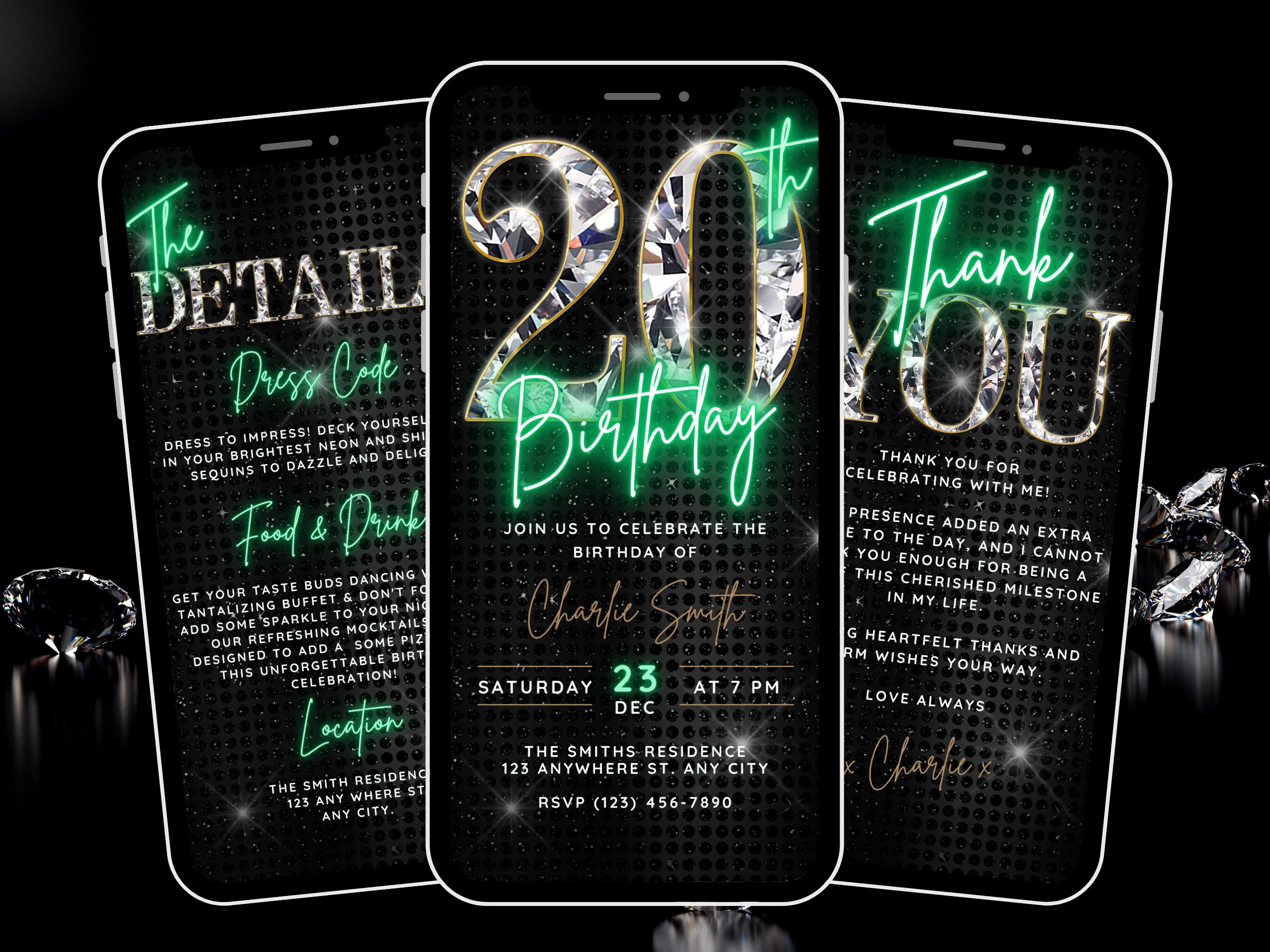 Animated 20th Birthday Invitation for Women Diamond 20th - Etsy