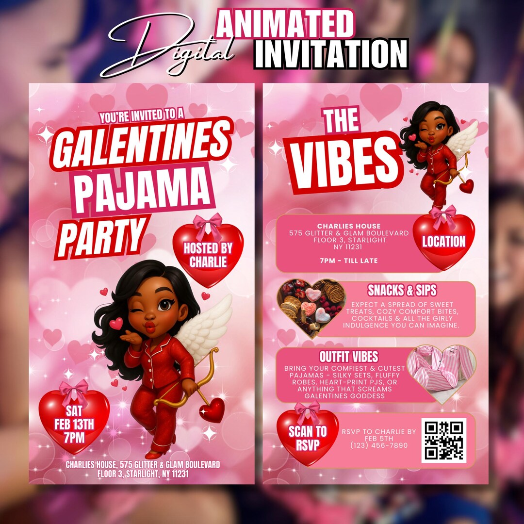 Galentines Pajama Party Invitation Pink & Red Girls Night Slumber Party ...