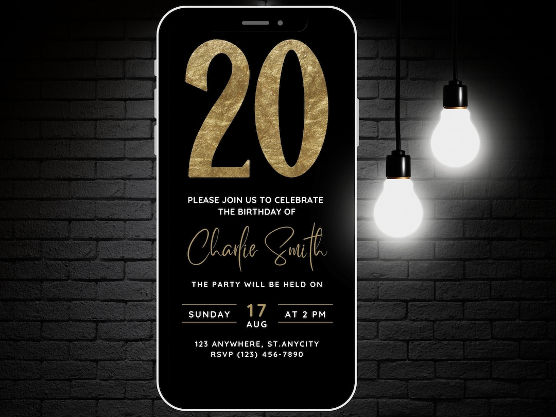 Modern 20th Birthday Invitation Digital Invite, Stylish Black and Gold ...