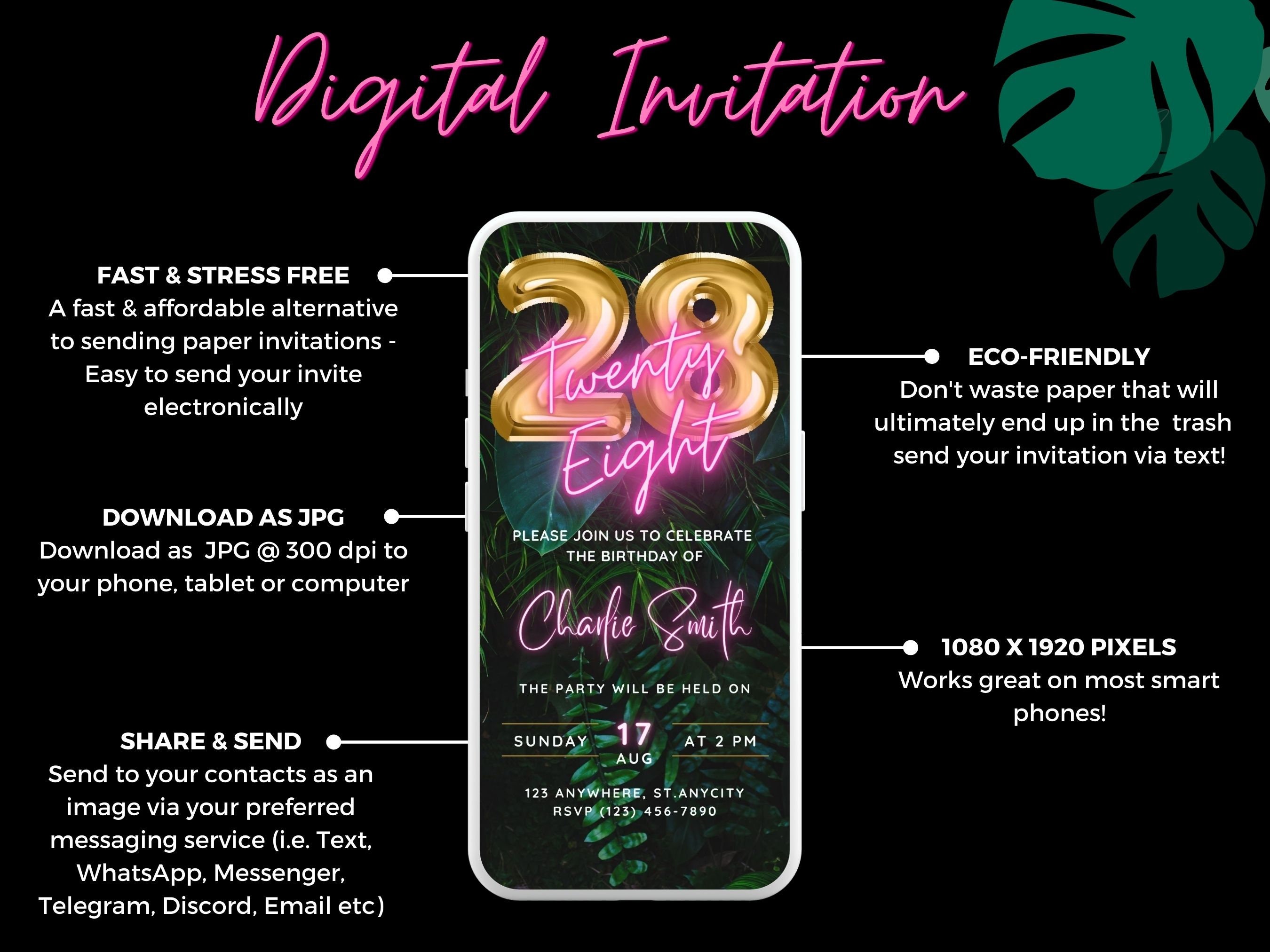 Digital 28th Birthday Party Invitation Electronic Phone Text - Etsy