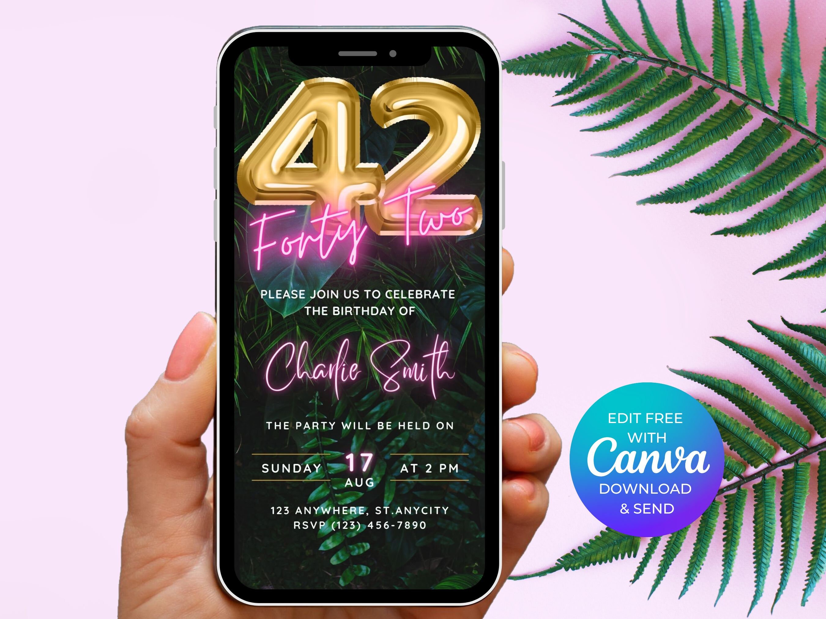 Digital 42nd Birthday Party Invitation Template Neon Pink - Etsy