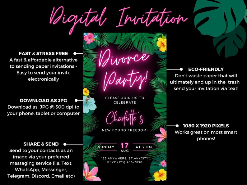 Digital Divorce Party Invitation Tropical Neon Girls Divorce - Etsy