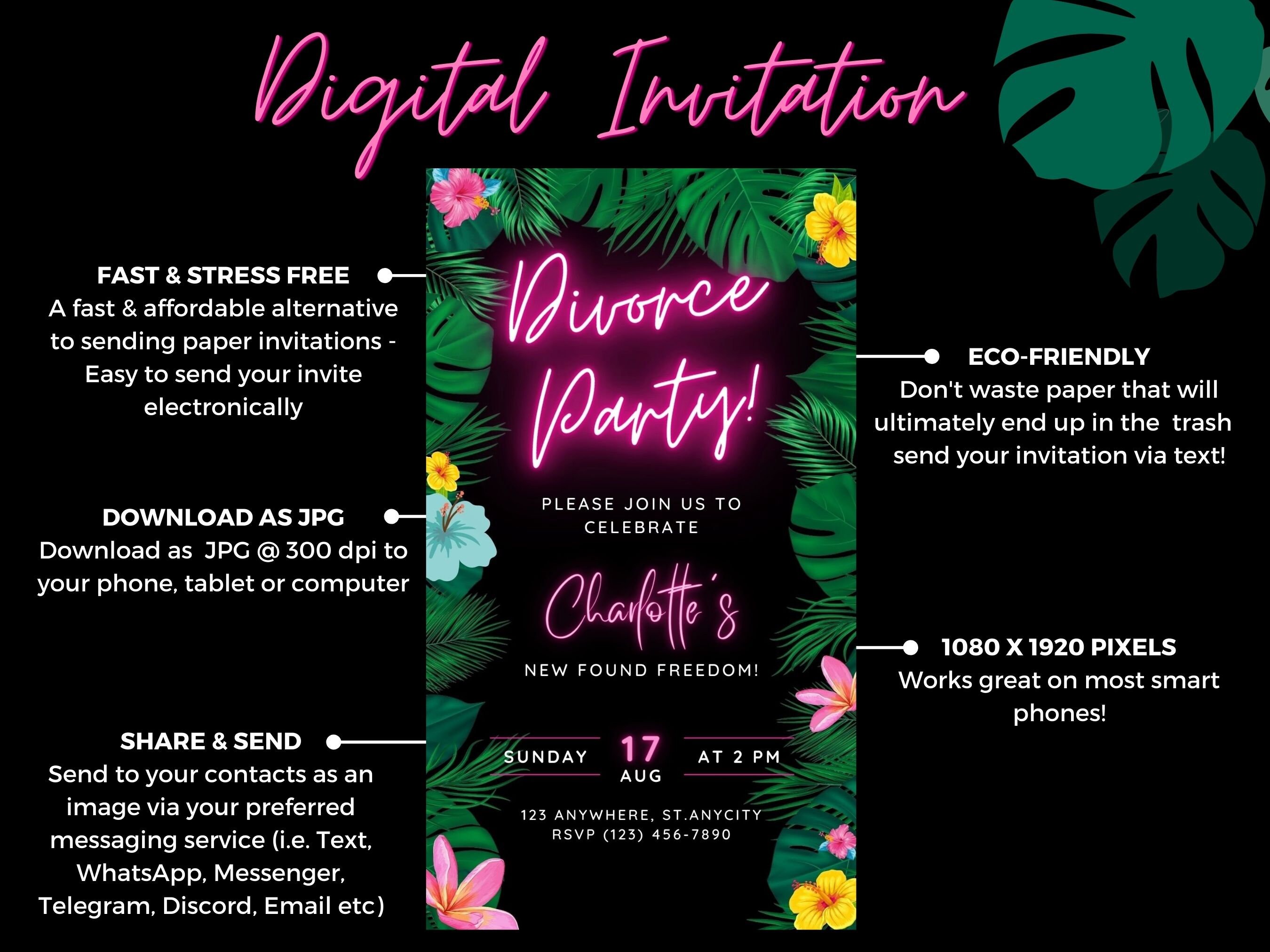 Digital Divorce Party Invitation Tropical Neon Girls Divorce - Etsy