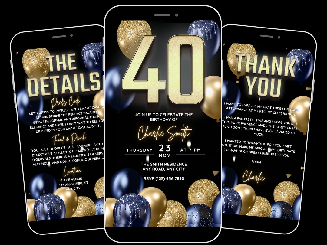 Animated 40th Birthday Invitation for Men Forty Invite for Adults Phone ...