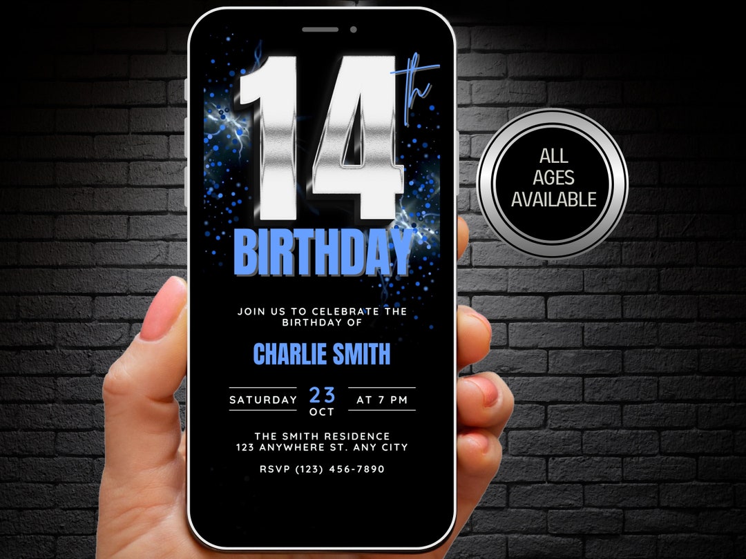 Boys 14th Birthday Invitation, Animated Silver Blue 14 Birthday Party ...