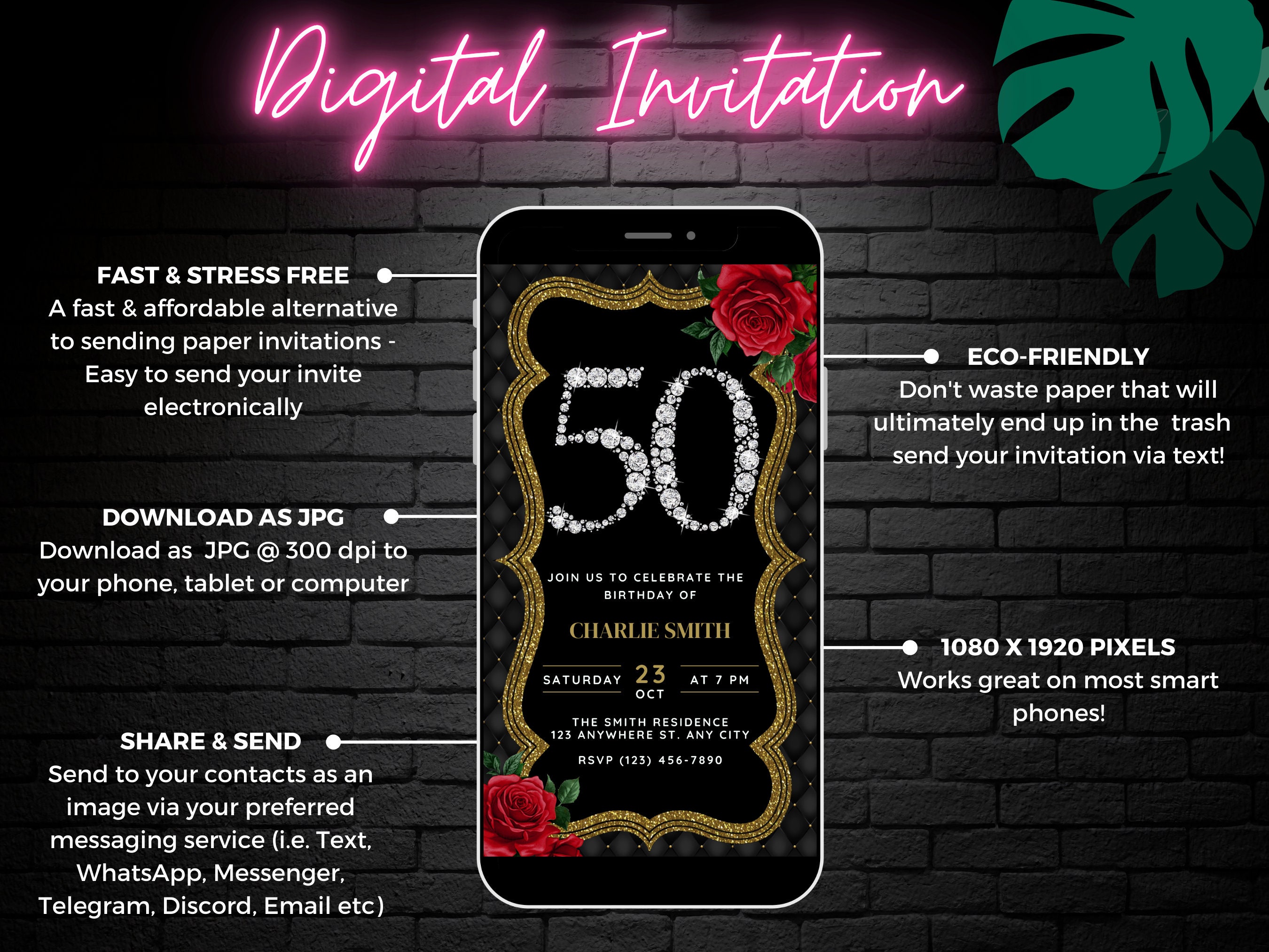 Womens 50th Birthday Invitation Template Black Gold 50th - Etsy