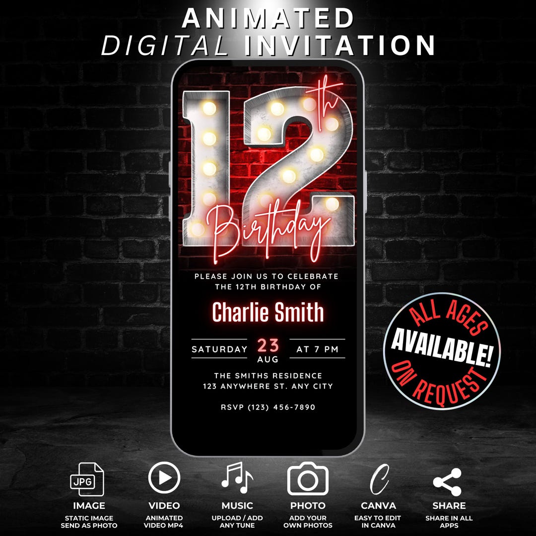 12th Birthday Invitation Digital Template, Editable Neon Red 12th ...