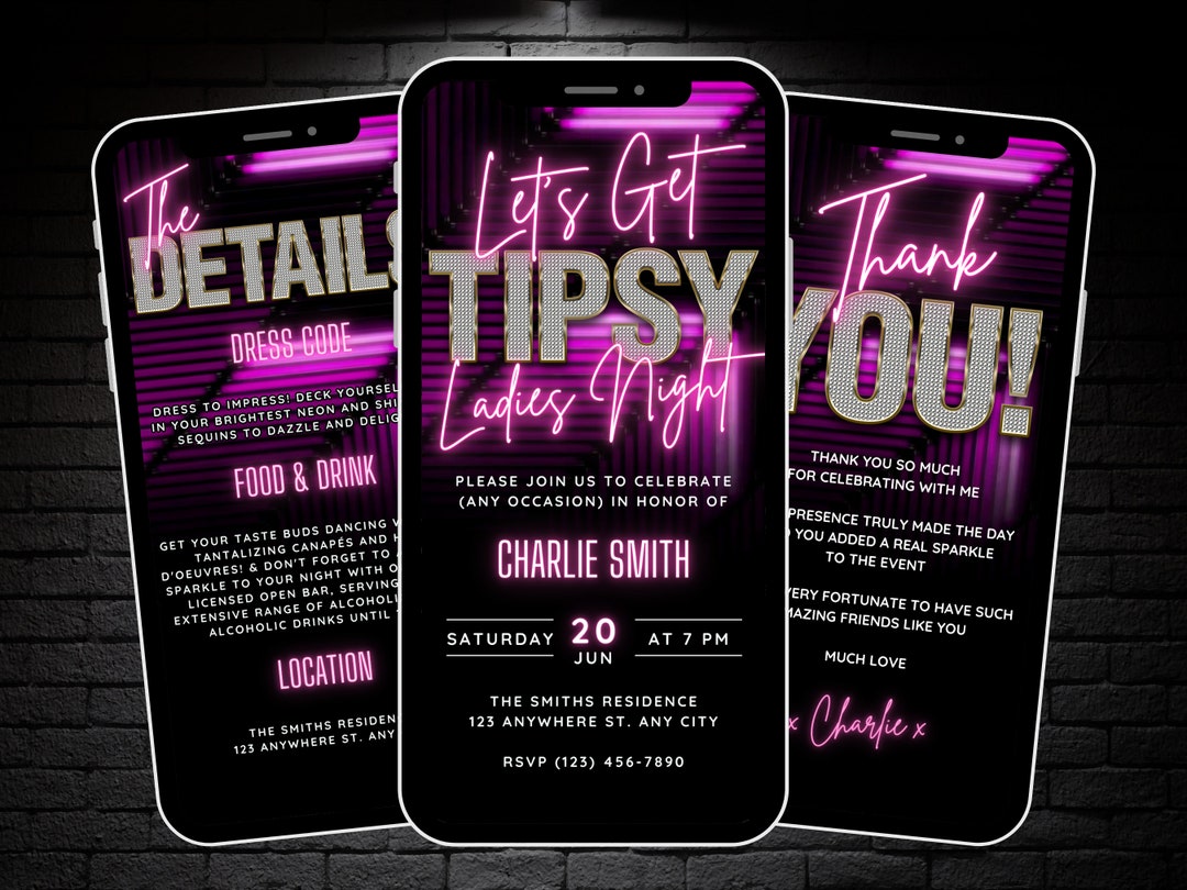 Digital Ladies Night Invitation, Animated Neon Pink Lets Get Tipsy ...