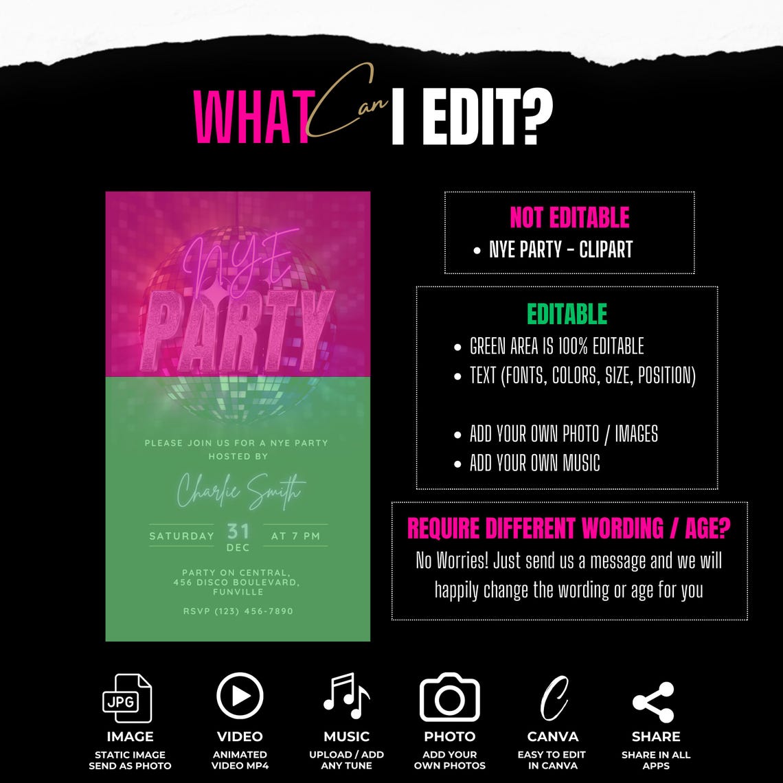Animated NYE Party Invitation Template, Self Edit New Years Party ...