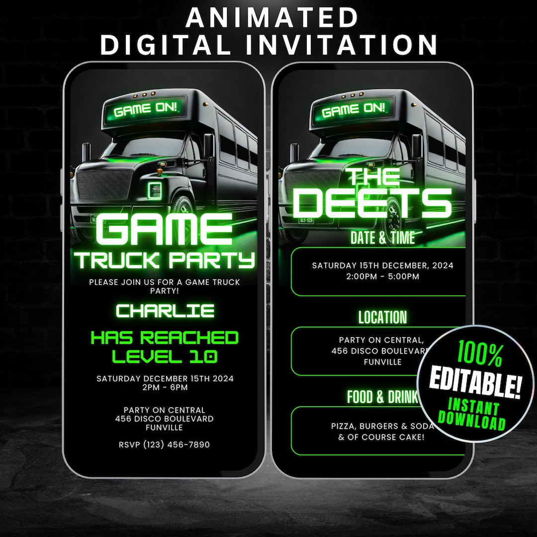 Animated Game Truck Party Invitation, 100% Editable Video Game Gaming ...