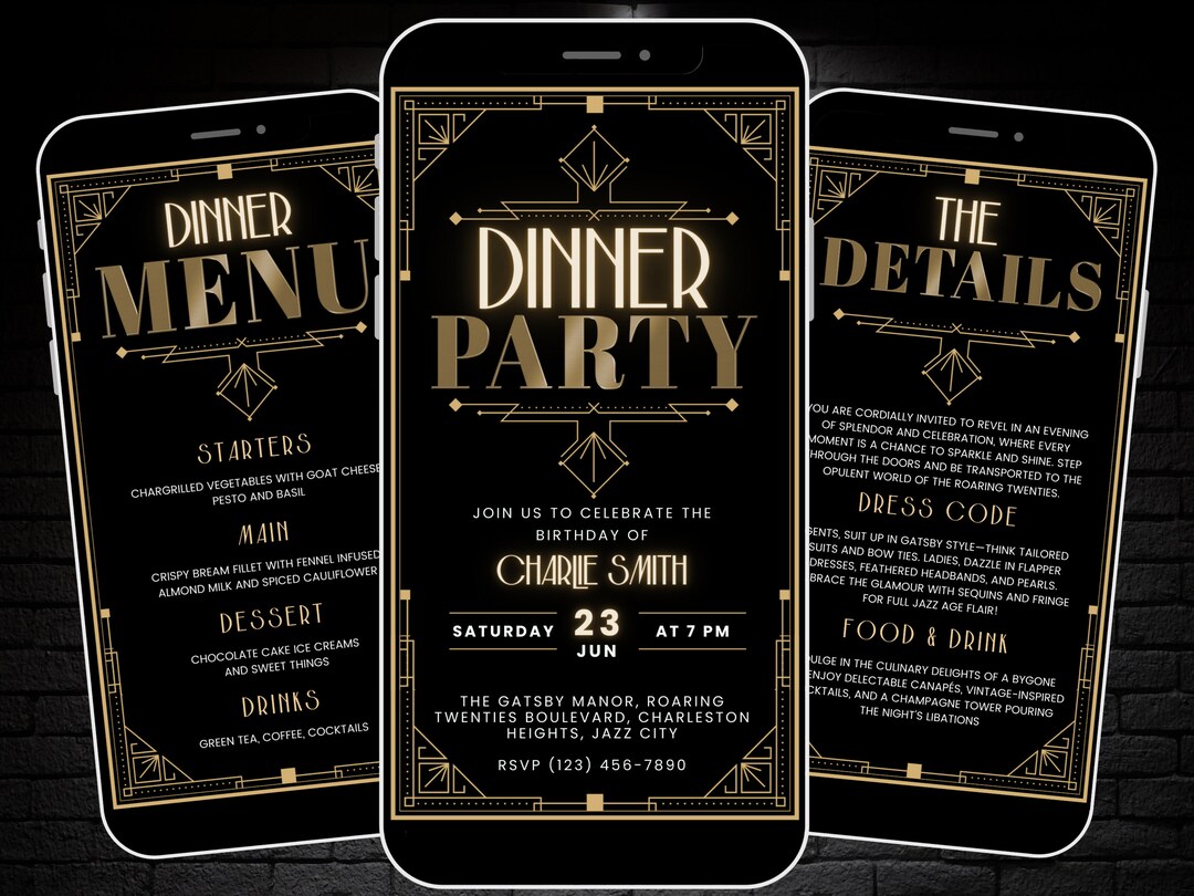 Editable Dinner Party Invitation With Menu, 1920s Gatsby Themed Invite ...