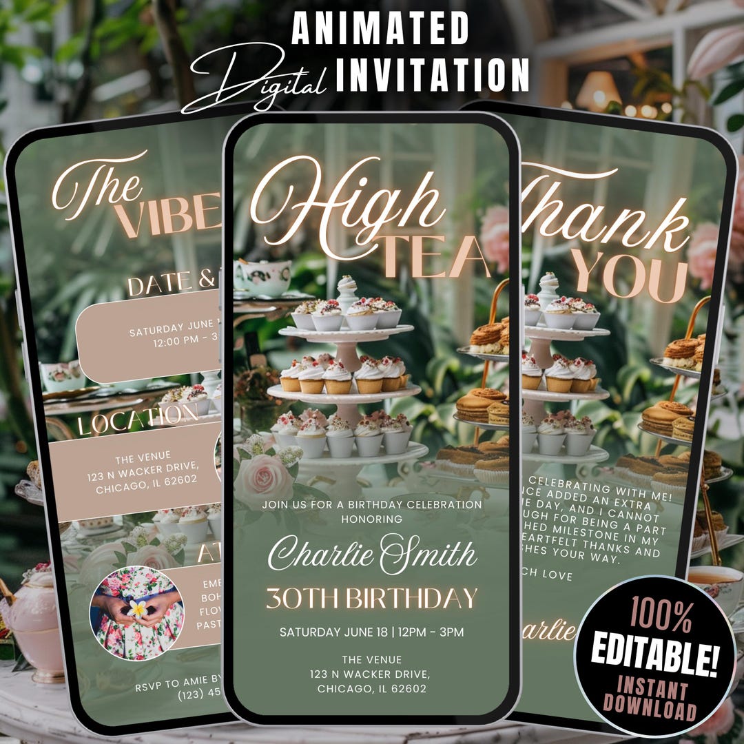 High Tea Invitation Template, Animated Sage Green Floral Tea Party ...