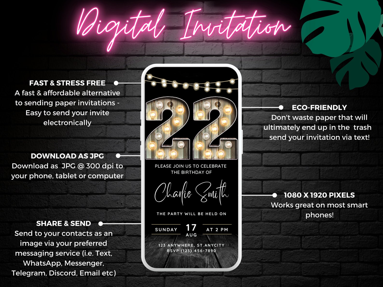 Digital 22nd Birthday Invitation for Men, 22nd Birthday Invite for ...
