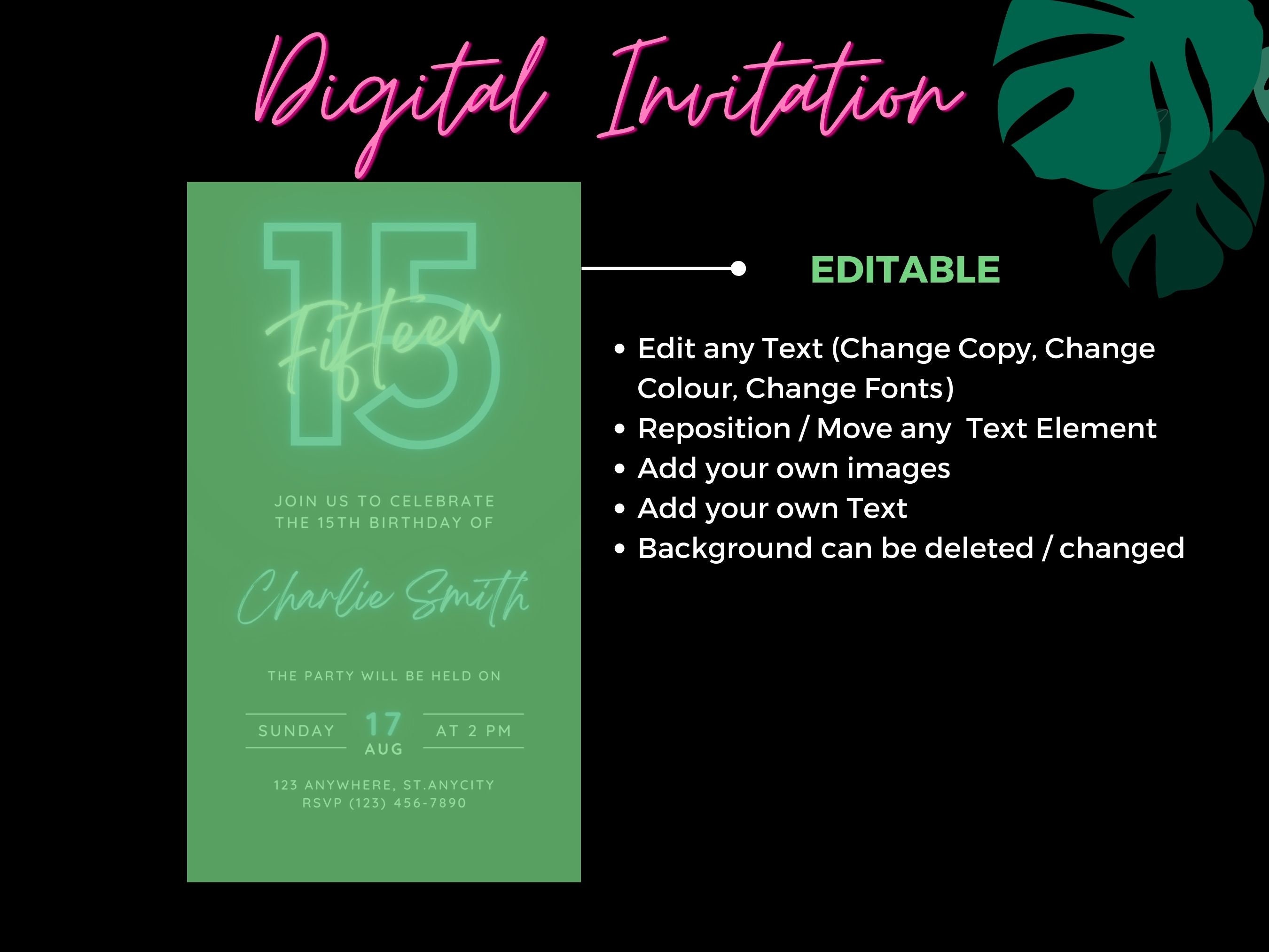 Teenager Birthday Invitation Template - 15th Party Invite Editable ...