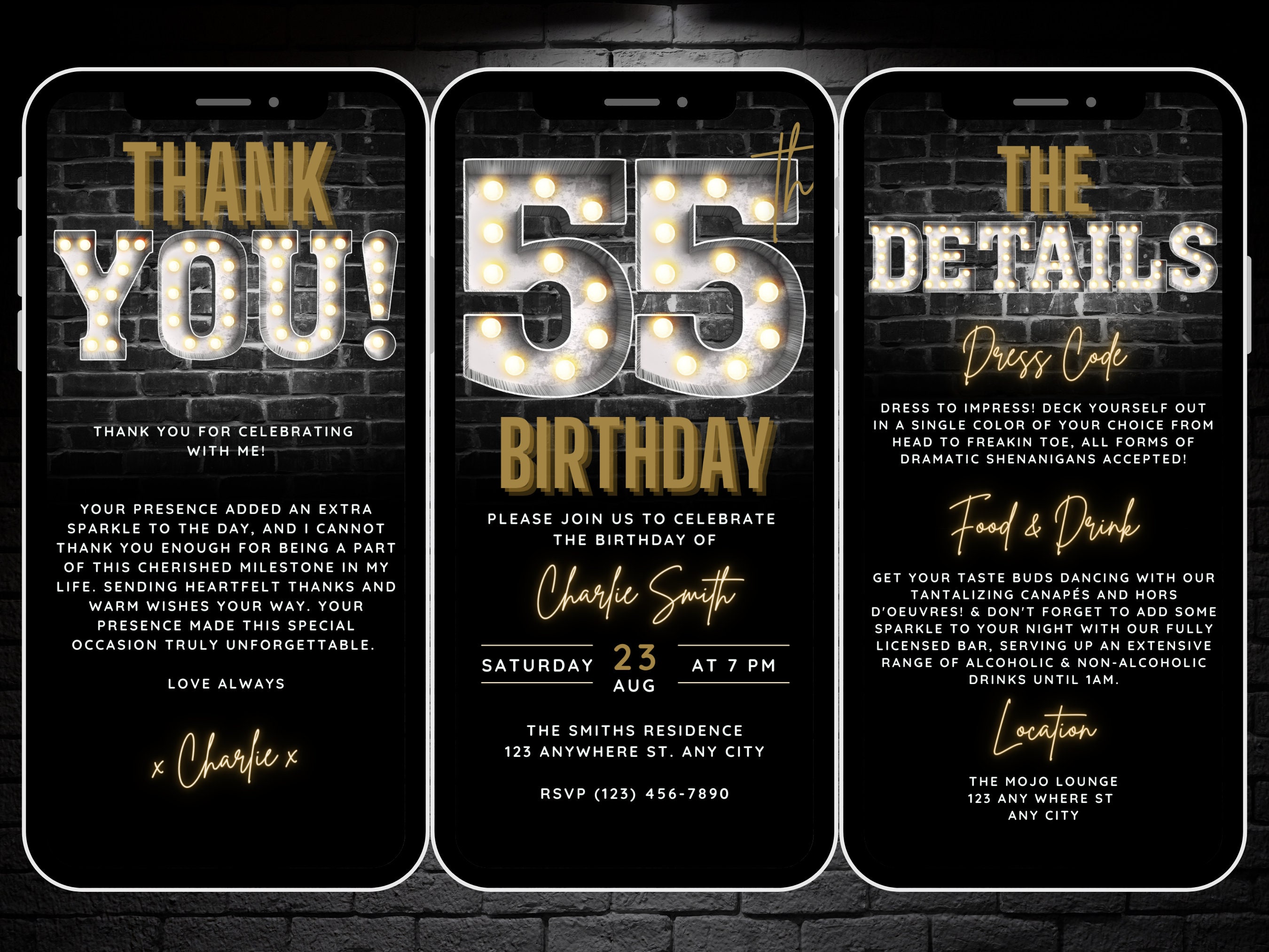 Mens 55th Birthday Invite, 55th Digital Invitation Black Gold Invite ...