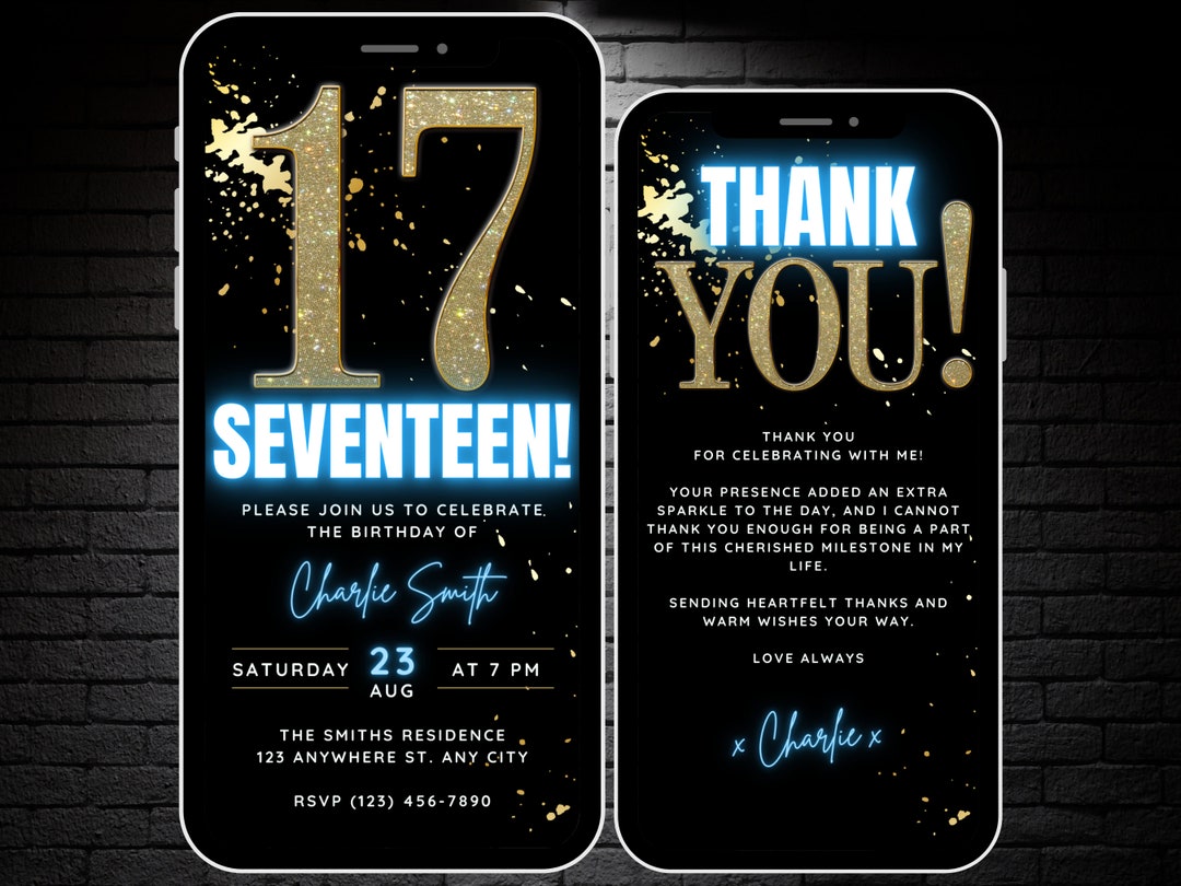 Girls Animated 17th Birthday Party Invitation, Digital 17 Birthday ...