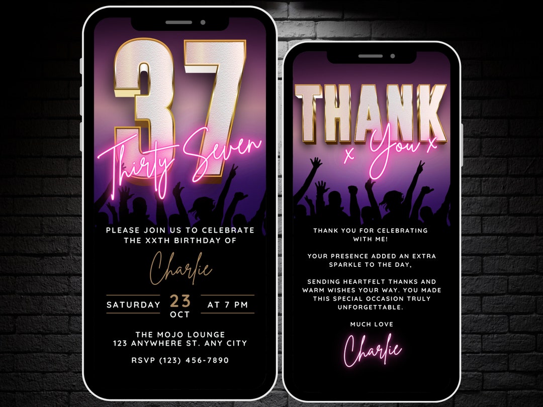 Digital 37th Birthday Invitation for Women, Editable Music Festival ...