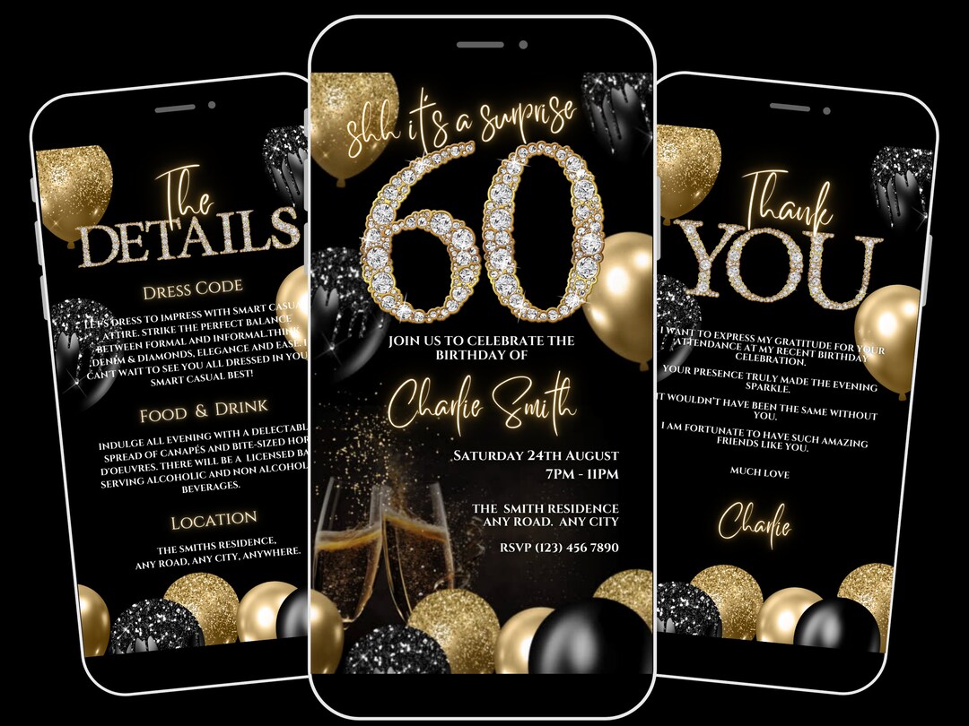 Animated 60th Birthday Invitation for Women, 60th Surprise Party ...