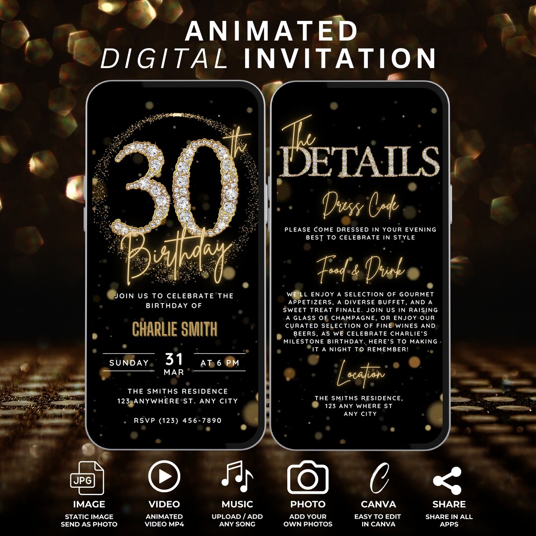 Digital 30th Birthday Invitation for Women, Animated Thirty Invite for ...