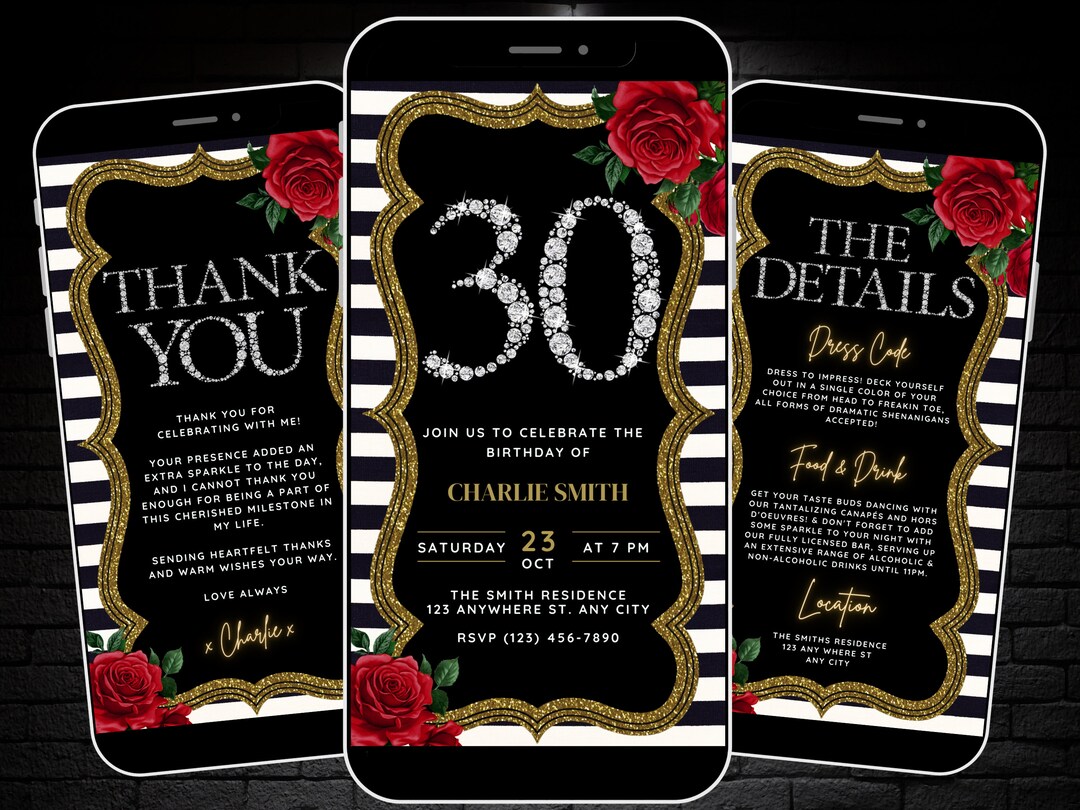 Womens 30th Birthday Invitation Template, Black Gold 30th Digital ...