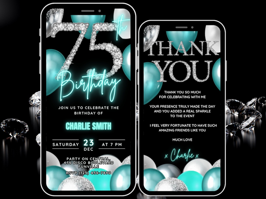 Digital 75th Birthday Invitation Template, Teal Silver Balloon ...