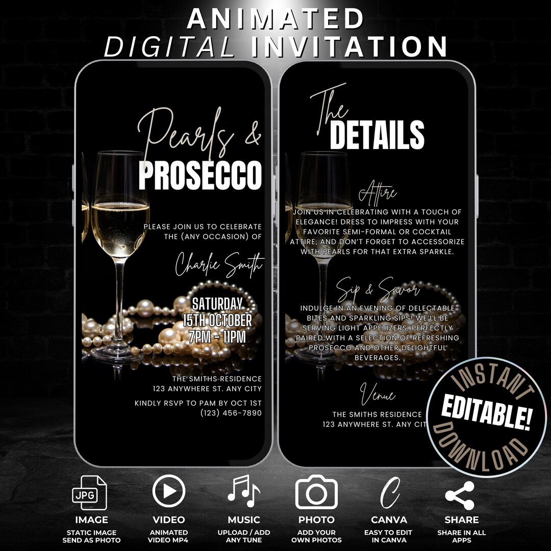 Digital Pearls & Prosecco Invitation Itinerary Template, Sophisticated ...