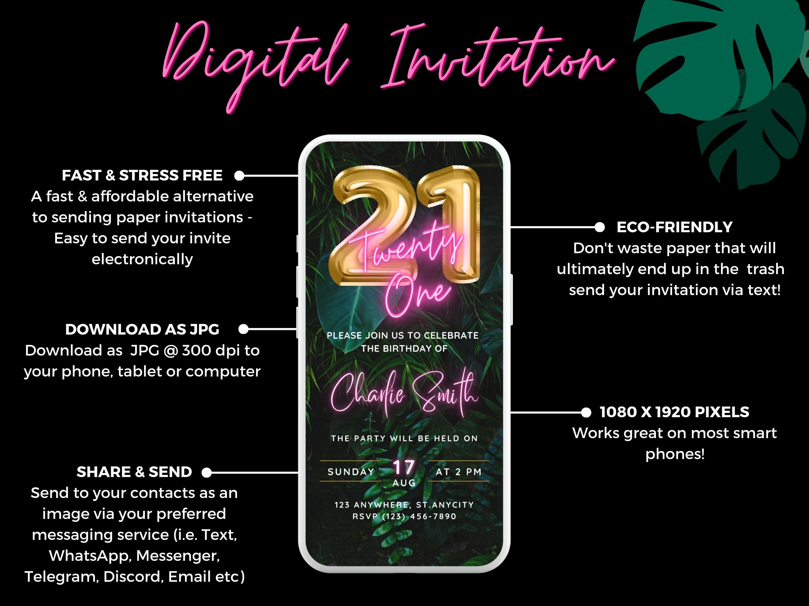Digital Twenty One 21st Birthday Party Invitation, Electronic Text ...