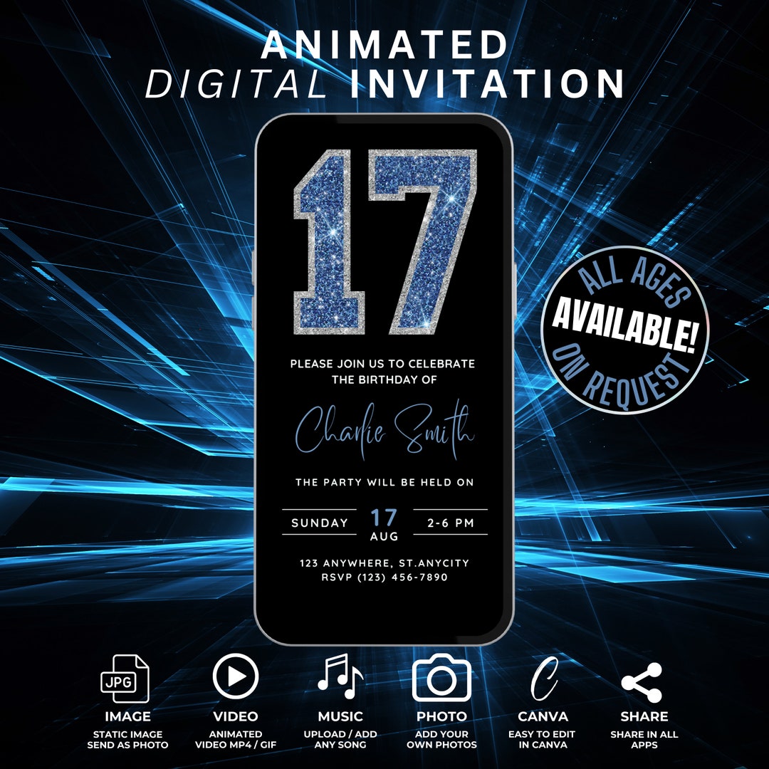 17th Birthday Invitation Boy Blue, Animated 17th Birthday Invite ...