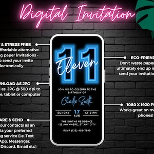 Animated 11th Birthday Invitation Template for Boys, Editable 11th Birthday Party Invite Neon ...